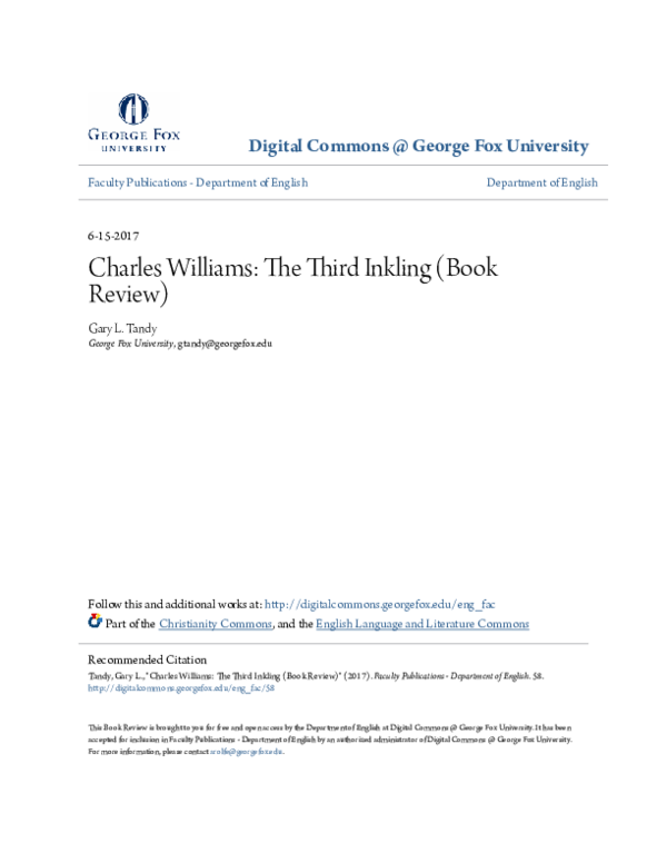(PDF) Charles Williams: The Third Inkling (Book Review)