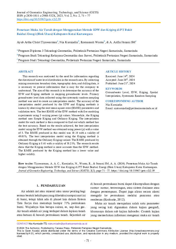 (PDF) Pemetaan Muka Air Tanah dengan Menggunakan Metode IDW dan Kriging di PT Bukit Baiduri ...
