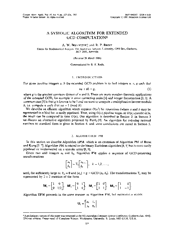 Pdf A Systolic Algorithm For Extended Gcd Computation
