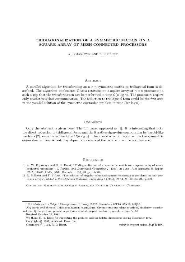 (PDF) Tridiagonalization of a symmetric matrix on a square array of ...