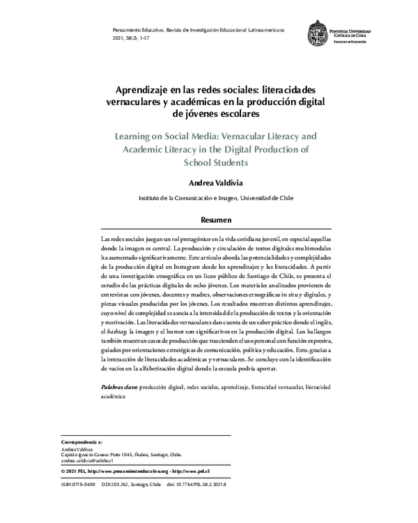 (PDF) Aprendizaje en las redes sociales: literacidades vernaculares y ...