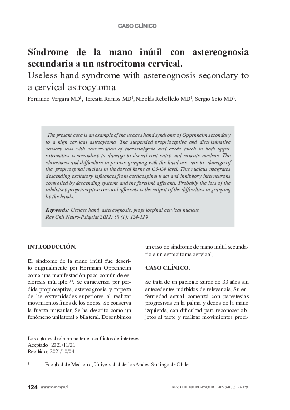 (PDF) Síndrome de la mano inútil con astereognosia secundaria a un ...