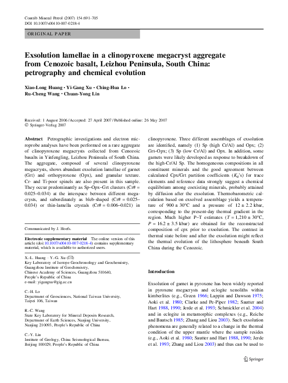 (PDF) Exsolution lamellae in a clinopyroxene megacryst aggregate from ...