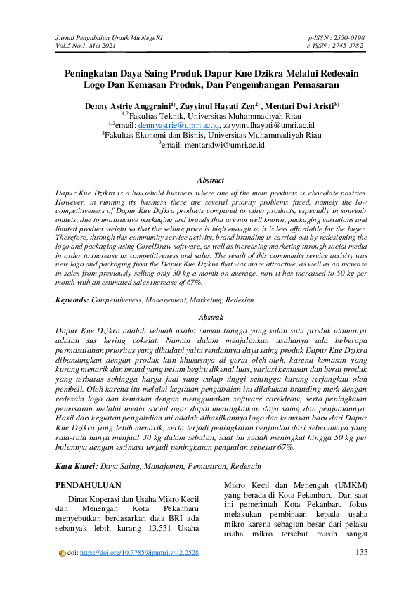 (PDF) Peningkatan Daya Saing Produk Dapur Kue Dzikra Melalui Redesain ...