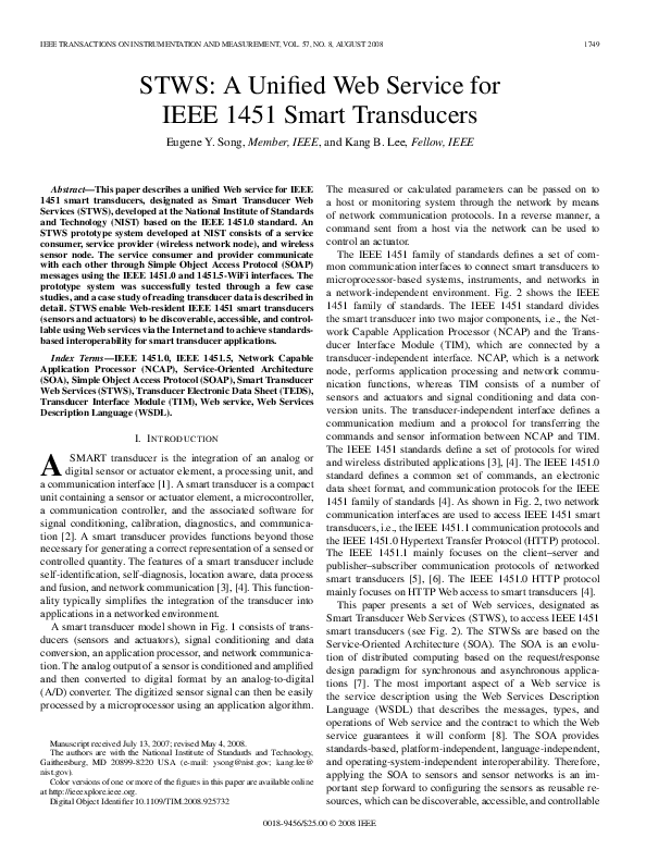 (PDF) STWS: A Unified Web Service for IEEE 1451 Smart Transducers