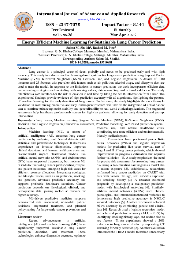(PDF) Energy Efficient Machine Learning for Sustainable Lung Cancer ...