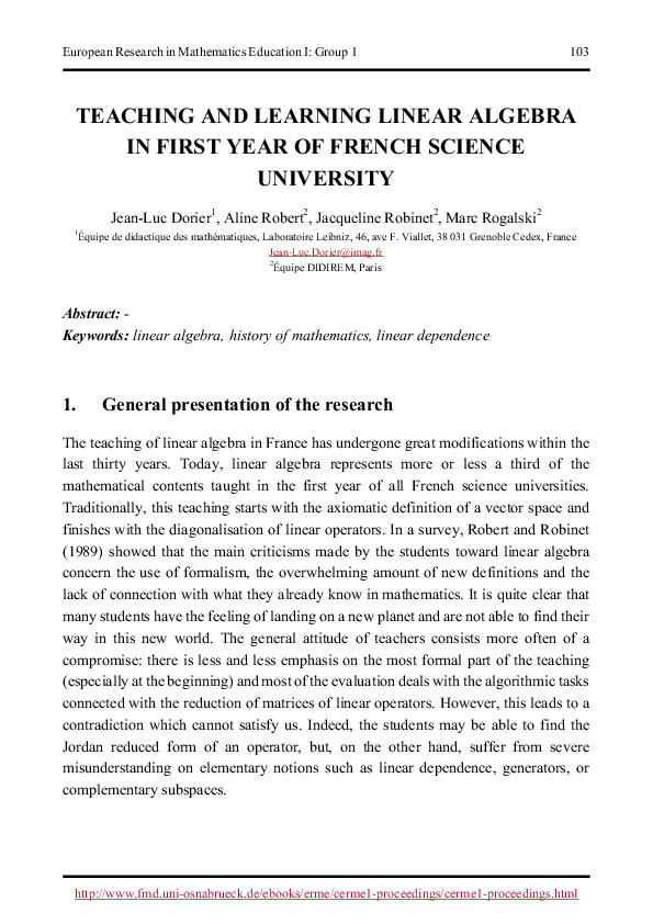(PDF) Teaching and Learning Linear Algebra in First Year of French ...