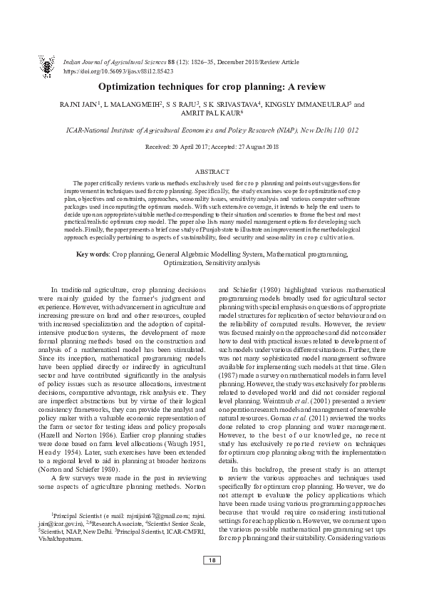 (PDF) Optimization techniques for crop planning: A review
