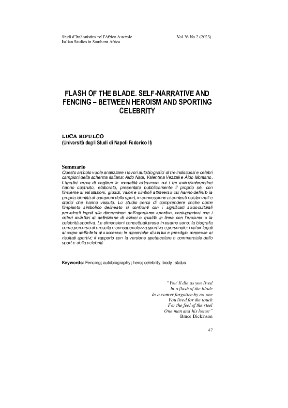 (PDF) Flash of the Blade. Self-Narrative and Fencing - between Heroism ...