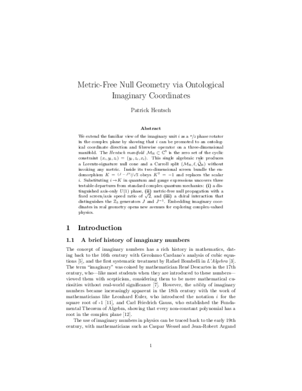 (PDF) Metric-Free Null Geometry via Ontological Imaginary Coordinates