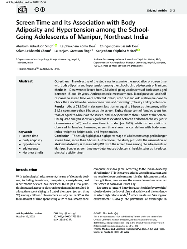 (PDF) Screen Time and Its Association with Body Adiposity and Hypertension among the School ...