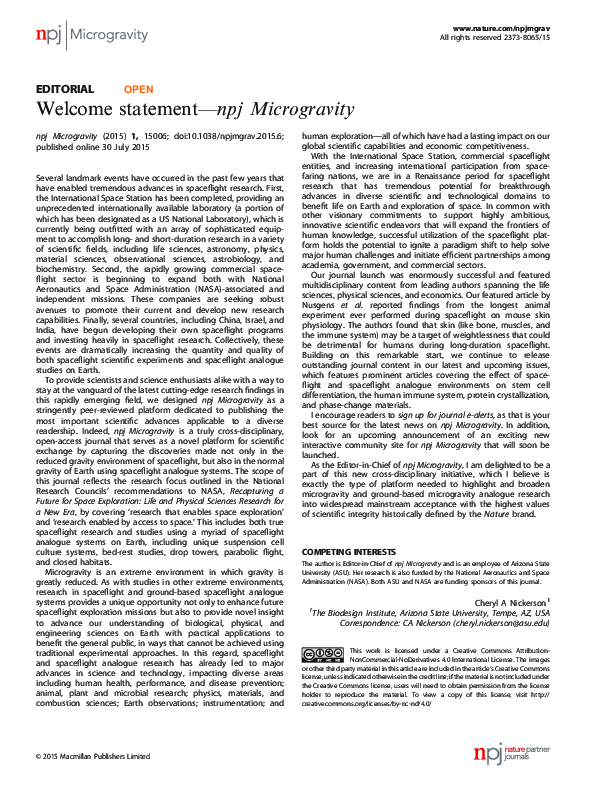 (PDF) Welcome statement—npj Microgravity