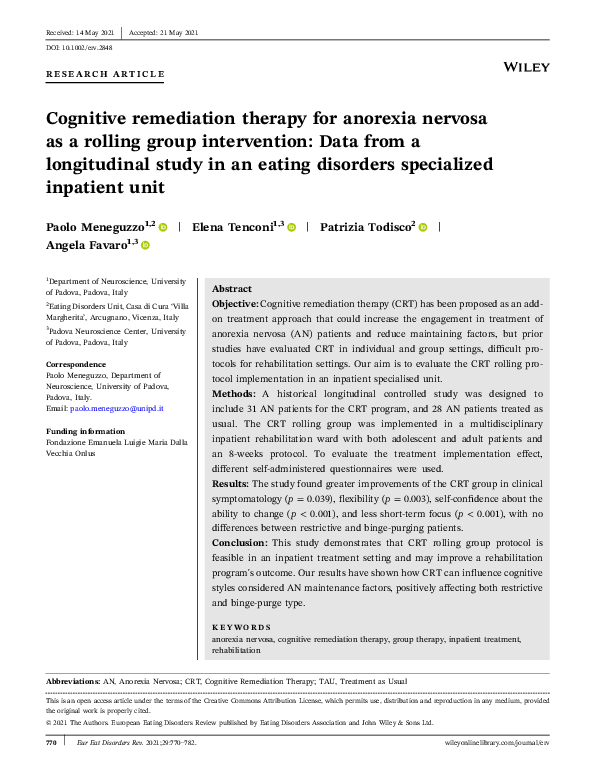 (PDF) Cognitive remediation therapy for anorexia nervosa as a rolling ...