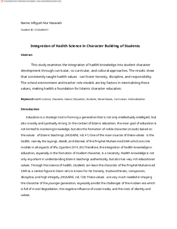(PDF) Integration of Hadith Science in Character Building of Students
