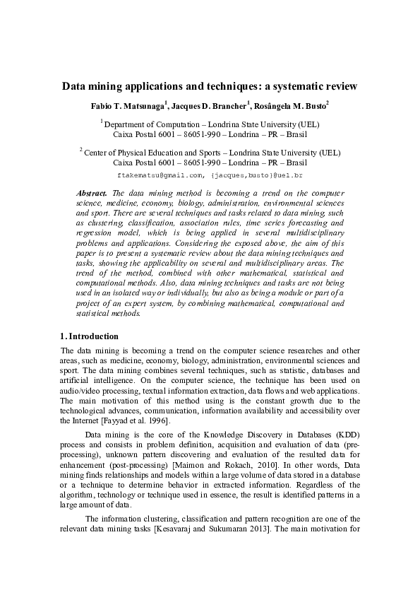 (PDF) Data mining techniques and tasks for multidisciplinary applications: a systematic review