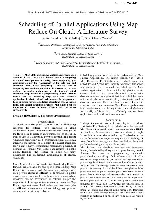 (PDF) Scheduling of Parallel Applications Using Map Reduce On Cloud : A Literature Survey