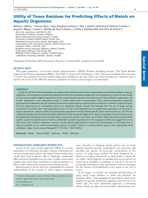 (PDF) Utility of tissue residues for predicting effects of metals on ...