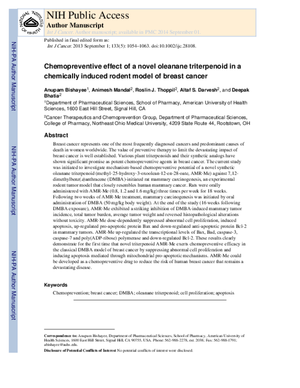 (PDF) Chemopreventive effect of a novel oleanane triterpenoid in a ...
