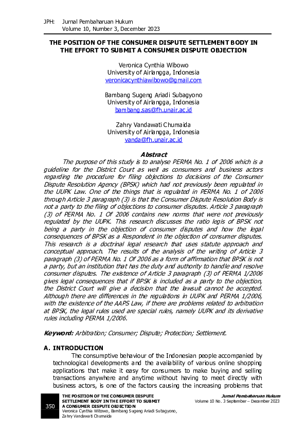 (PDF) The Position of the Consumer Dispute Settlement Body in the ...