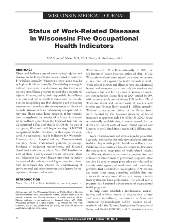 (PDF) Status of work-related diseases in Wisconsin: five occupational ...