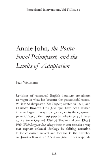 (PDF) Annie John, the Postcolonial Palimpsest, and the Limits of Adaptation