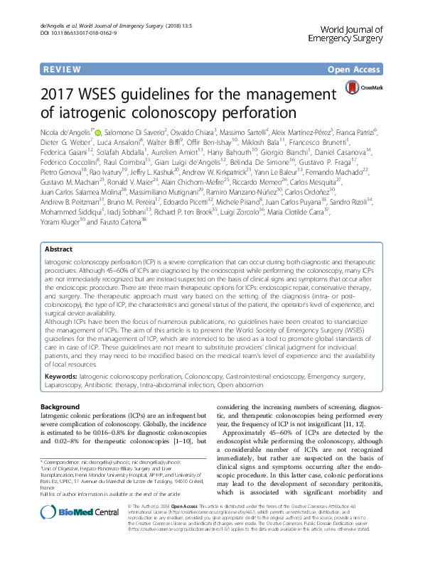 (PDF) 2017 WSES guidelines for the management of iatrogenic colonoscopy perforation