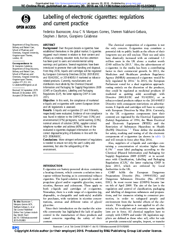 (PDF) Labelling of electronic cigarettes: regulations and current practice