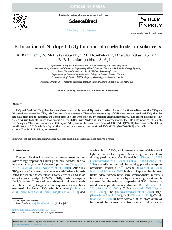(PDF) Fabrication of Ni-doped TiO2 thin film photoelectrode for solar cells