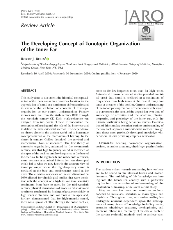 (PDF) The Developing Concept of Tonotopic Organization of the Inner Ear