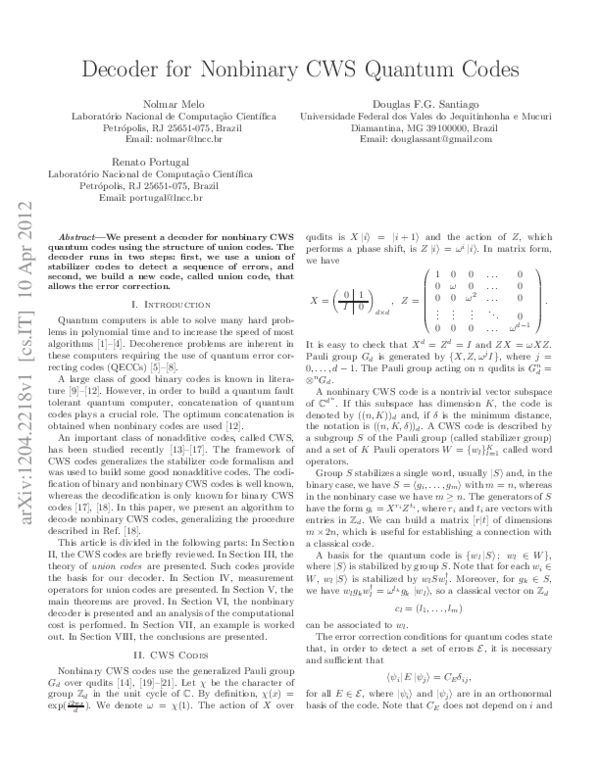 (PDF) Decoder for Nonbinary CWS Quantum Codes