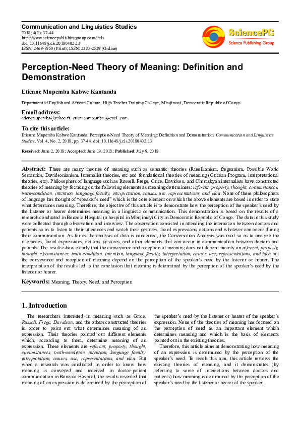 (PDF) Perception-Need Theory of Meaning: Definition and Demonstration