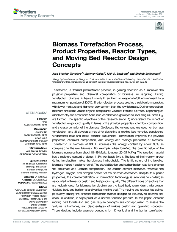 (PDF) Biomass Torrefaction Process, Product Properties, Reactor Types, and Moving Bed Reactor ...