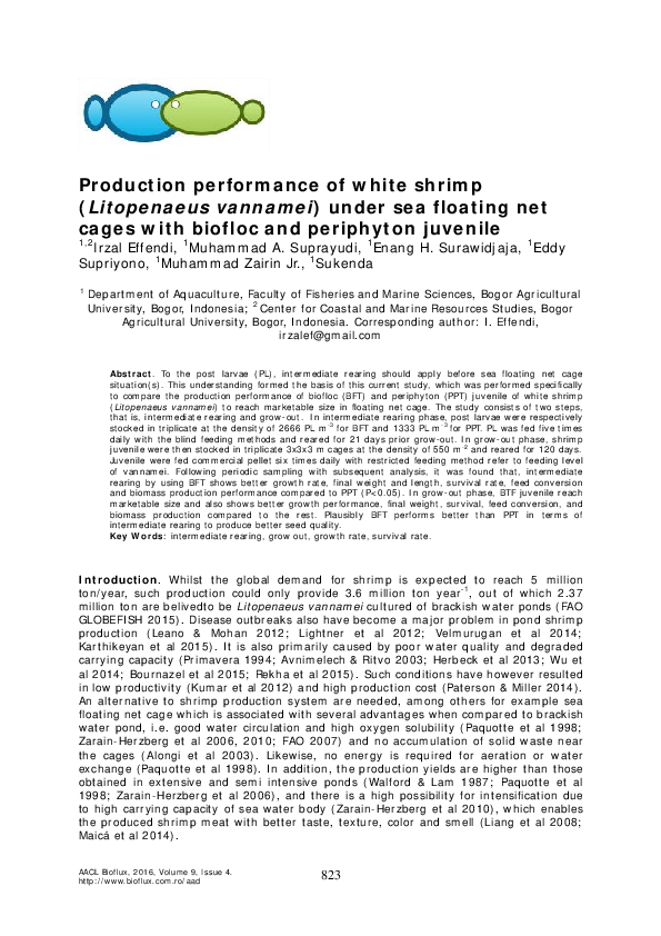 (PDF) Production performance of white shrimp ( Litopenaeus vannamei ...