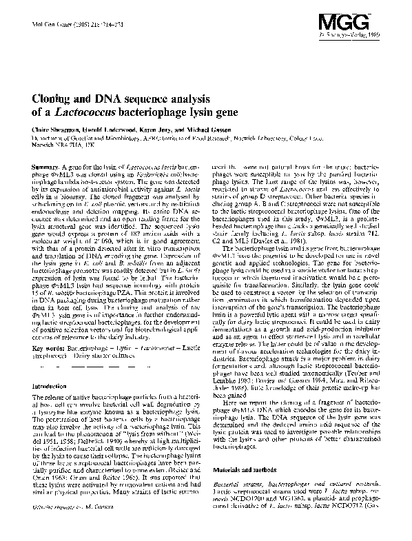 (PDF) Cloning and DNA sequence analysis of a Lactococcus bacteriophage ...