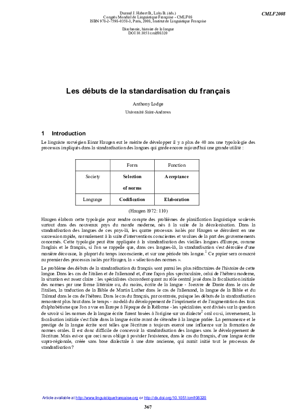 (PDF) Les débuts de la standardisation du français