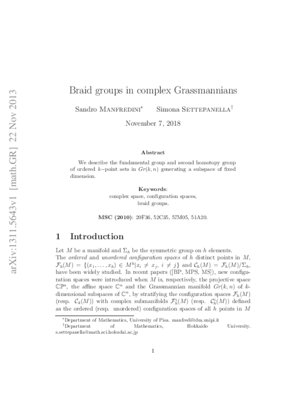 (PDF) Braid groups in complex Grassmannians