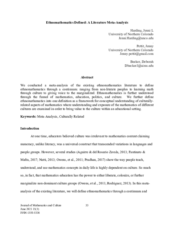 (PDF) Ethnomathematics Defined: A Literature Meta-Analysis