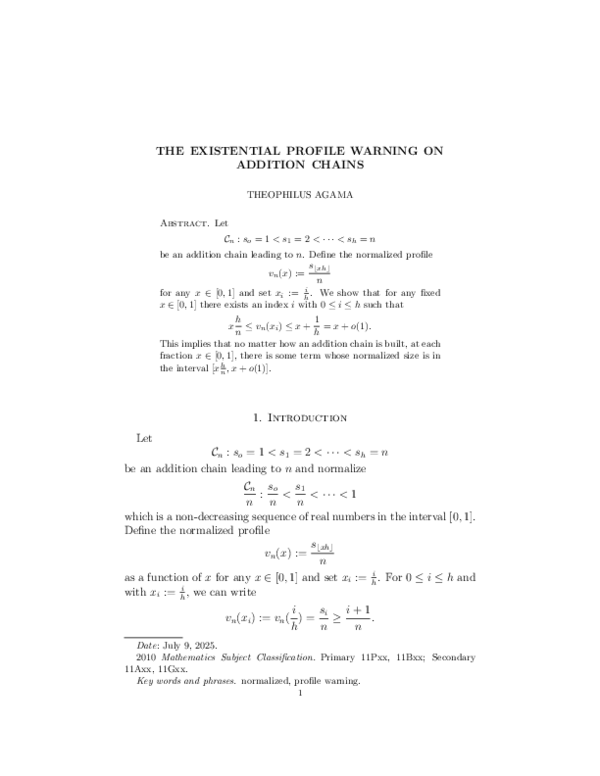 (PDF) THE EXISTENTIAL PROFILE WARNING ON ADDITION CHAINS