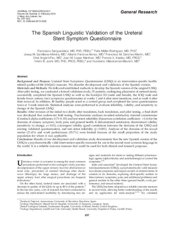 (PDF) The Spanish Linguistic Validation of the Ureteral Stent Symptom ...