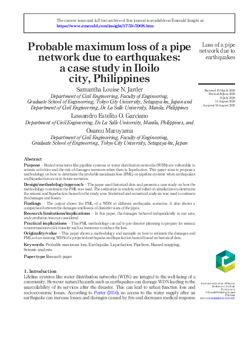 (PDF) Probable maximum loss of a pipe network due to earthquakes: a ...