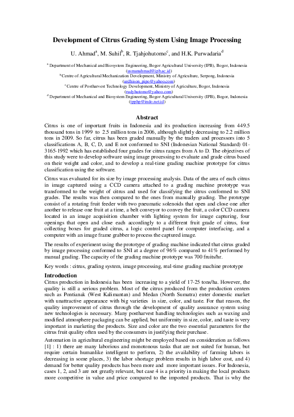 (PDF) Development of Citrus Grading System Using Image Processing