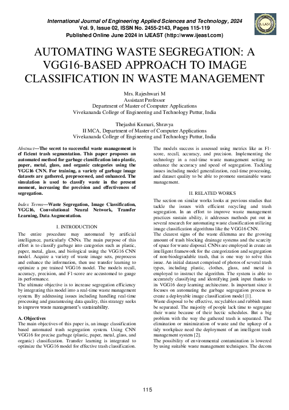 (PDF) AUTOMATING WASTE SEGREGATION: A VGG16-BASED APPROACH TO IMAGE CLASSIFICATION IN WASTE ...
