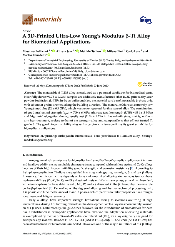 (PDF) A 3D-Printed Ultra-Low Young’s Modulus β-Ti Alloy for Biomedical Applications