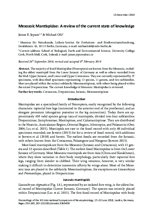 (PDF) Mesozoic Mantispidae: A review of the current state of knowledge