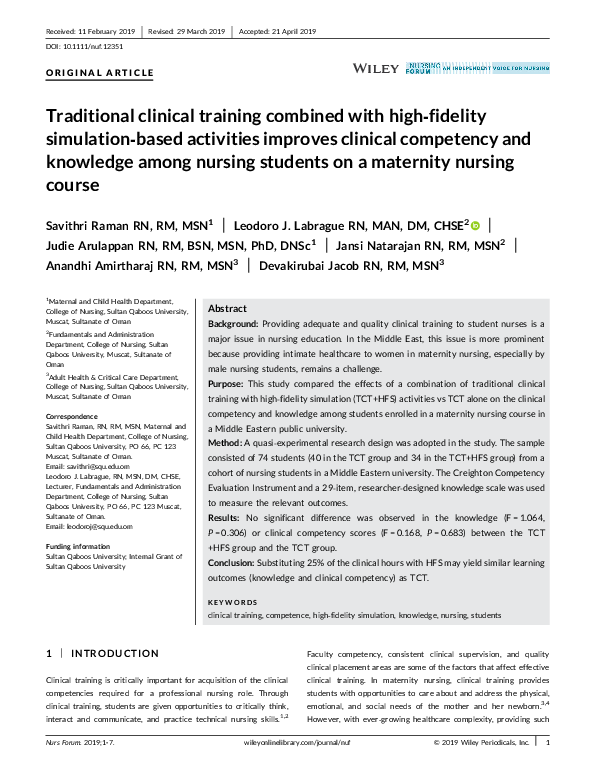 (PDF) Traditional clinical training combined with high‐fidelity simulation‐based activities ...
