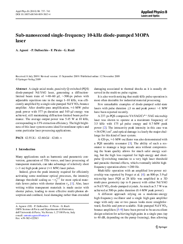 (PDF) Sub-nanosecond single-frequency 10-kHz diode-pumped MOPA laser