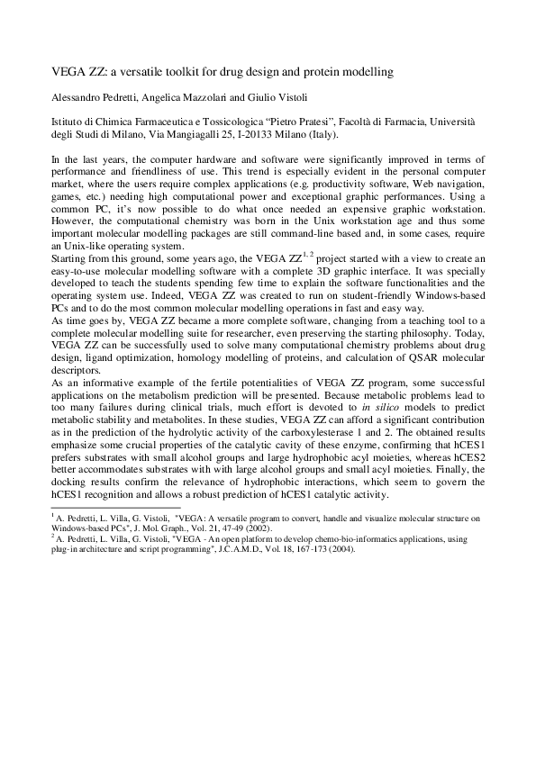 (PDF) VEGA ZZ : a versatile toolkit for drug design and protein modelling