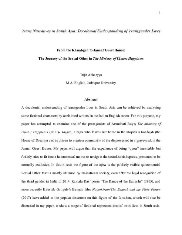(PDF) Trans Narratives in South Asia: Decolonial Understanding of Transgender Lives