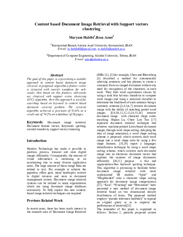 (PDF) Content Based Document Image Retrieval with Support Vectors Clustering