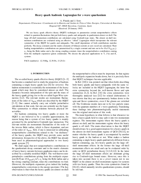 (PDF) Heavy quark hadronic Lagrangian for s-wave quarkonium